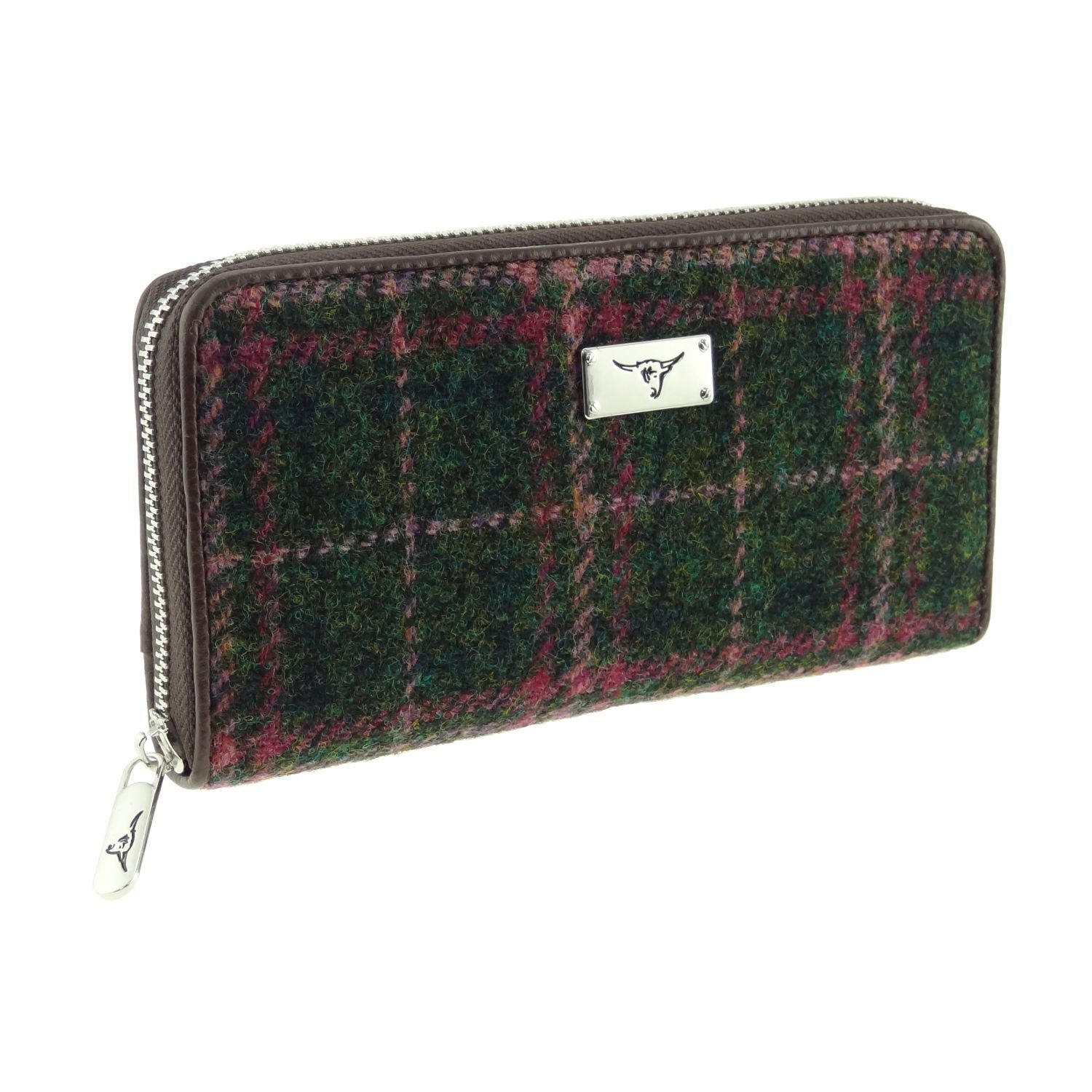 Harris Tweed Long Zip Purse in Dark Green & Plum Check